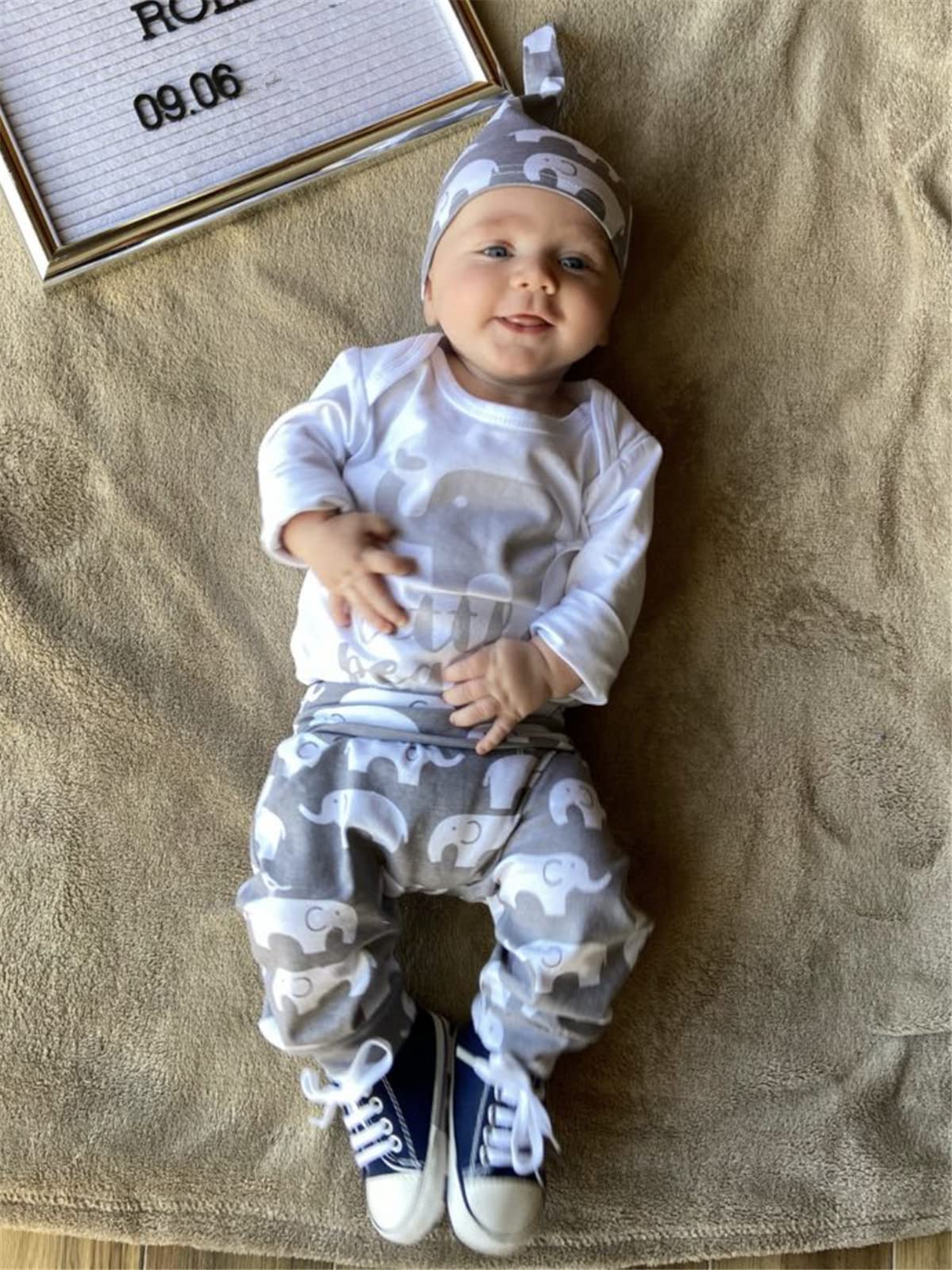 Siracend Newborn Infant Baby Boy Clothes Elephant Print Long Sleeve Bodysuit + Pants + Hat 3 PCS Outfits Set (0-3 months) White
