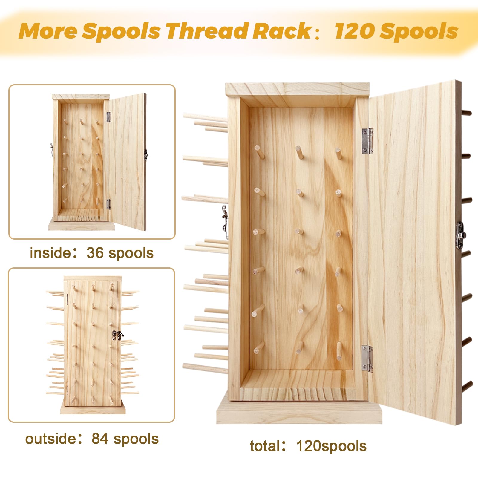 Modelfurny 120 Spools Wooden Thread Holder 360°Rotating Embroidery Thread Organizer,Double Doors Thread Rack/Thread Stand,Diy Spools Thread Braiding Holder Storage for Sewing,Quilting,Hair-Braiding
