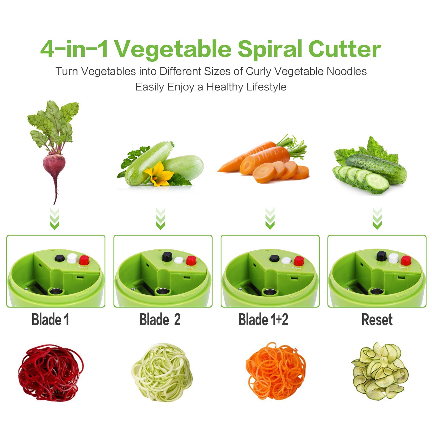 Handheld Spiralizer Vegetable Slicer, 4 in 1 Heavy Duty Veggie Spiral Cutter - Zoodle Pasta Spaghetti Maker