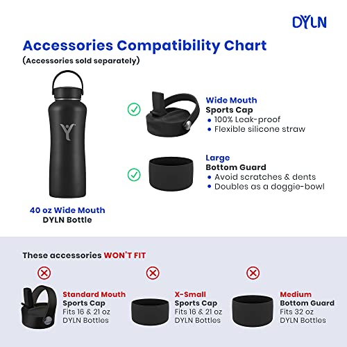 DYLN 40 oz Alkaline Water Bottle | Creates Premium Water up to 9+ pH | Keeps Cold for 24 Hours | Vacuum Insulated 316 Stainless Steel | Wide Mouth Cap | Black, 40 oz (1.2 L)