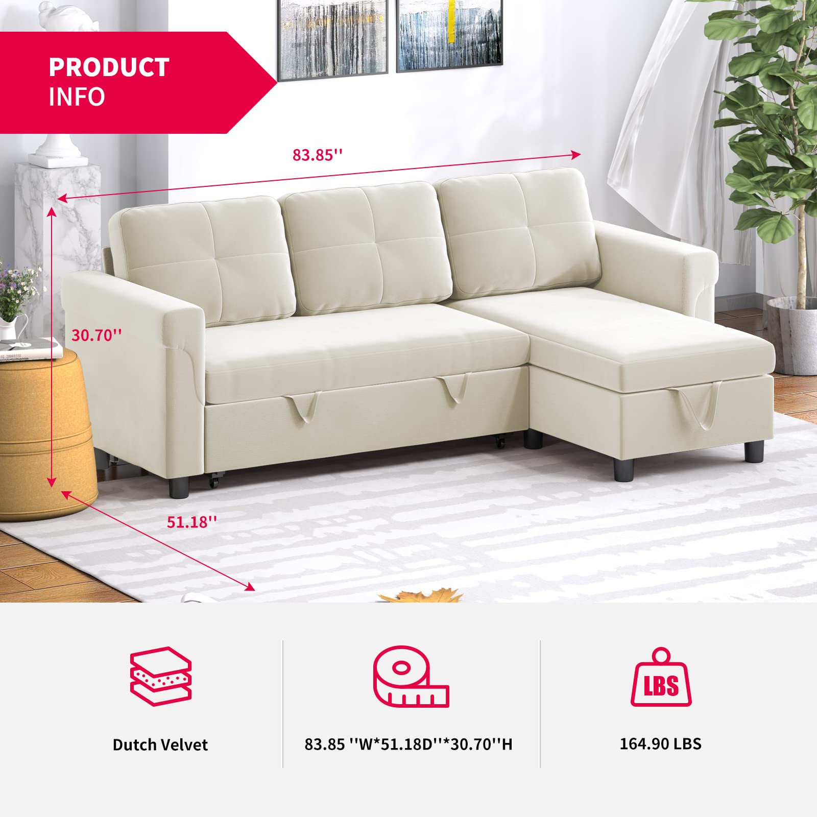 MUZZ Pull Out Sofa Bed with Storage, Reversible Sleeper Sofa,Sectional Sofa, L Shaped Chaise Sofa, Convertible Couches for Living Room,Beige