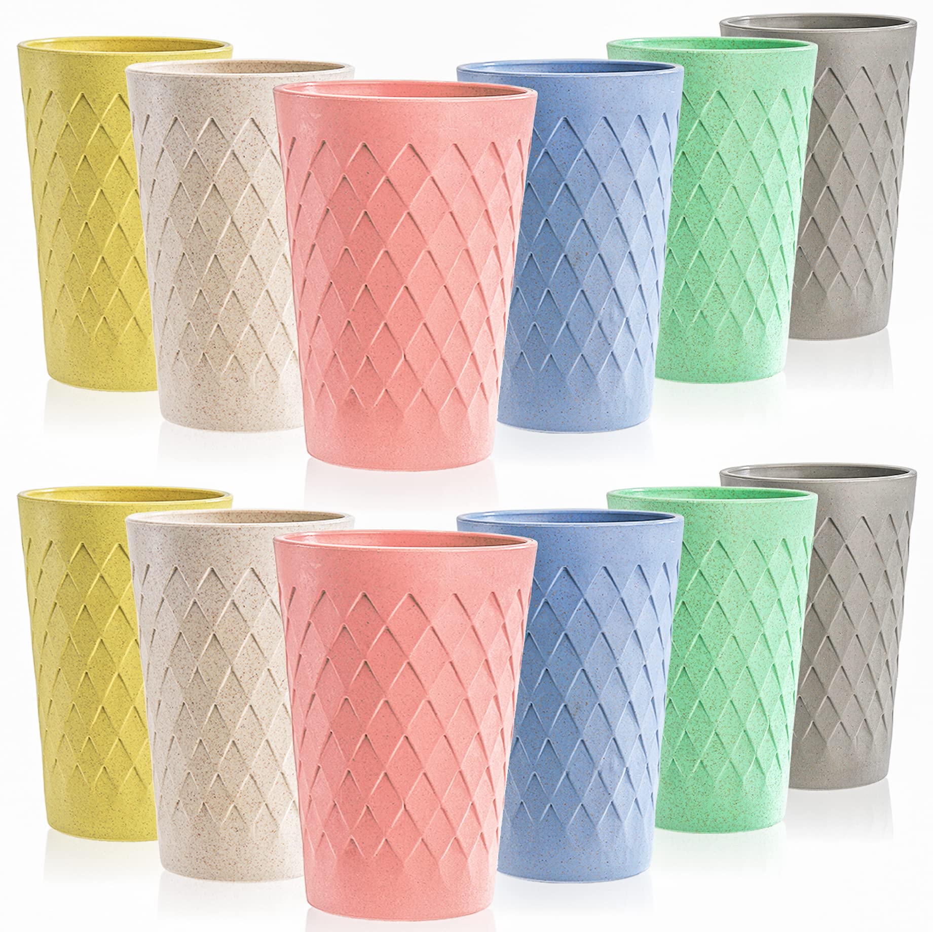 Elsjoy Set of 12 Wheat Straw Plastic Cups, 12 Oz Drinking Cups Water Tumbler for Home, Party, BBQ, 6 Colors
