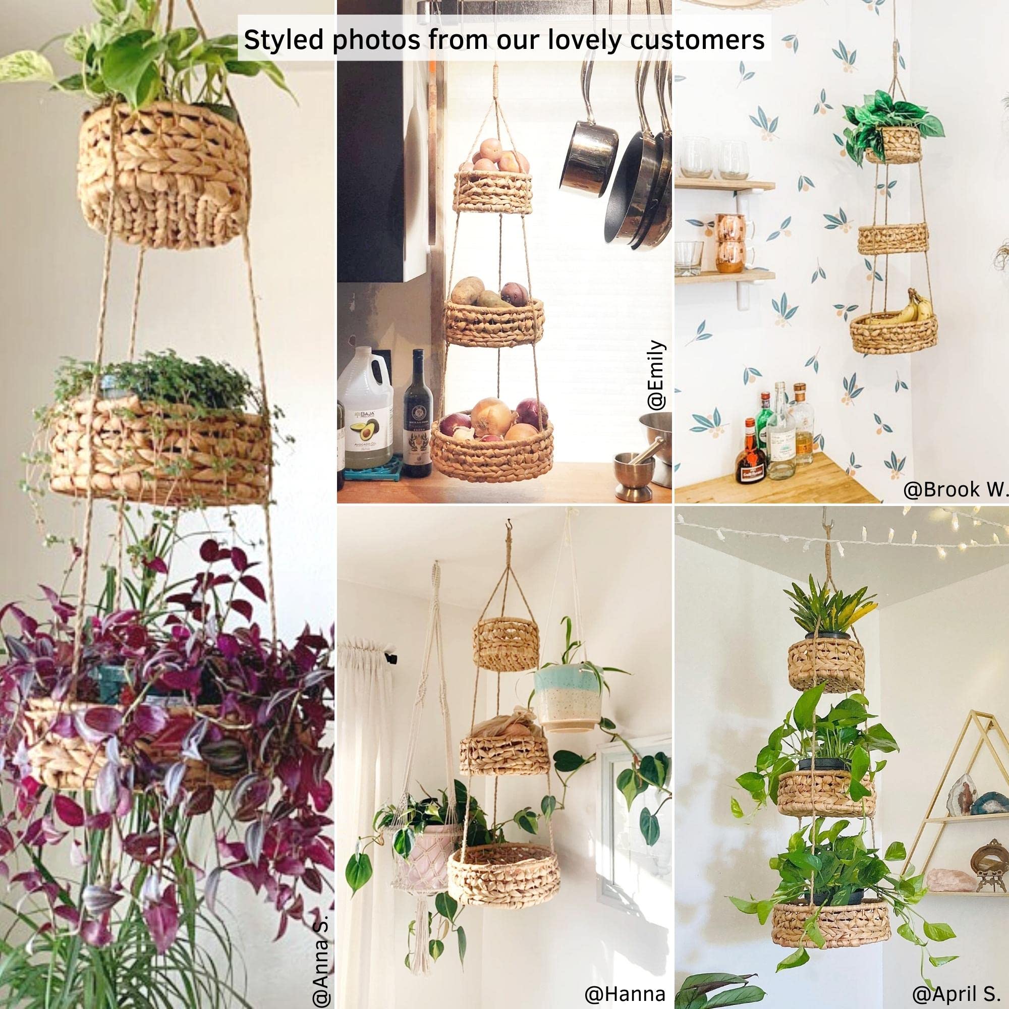 Hanging Fruit Basket 3 Tier for Kitchen, Handmade Natural Rattan Handwoven Wicker Seagrass Woven Wall Baskets Vegetable Organizer Produce Fruit Holder Counter Space Saver Storage Boho Hanging Planter