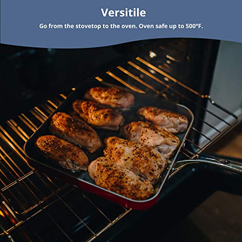 EaZy MealZ Square Non-Stick Grill Pan for Stove, Light weight, Perfect Grill Marks, Oven Safe up to 500 Degrees, Extra Large, 12" Red