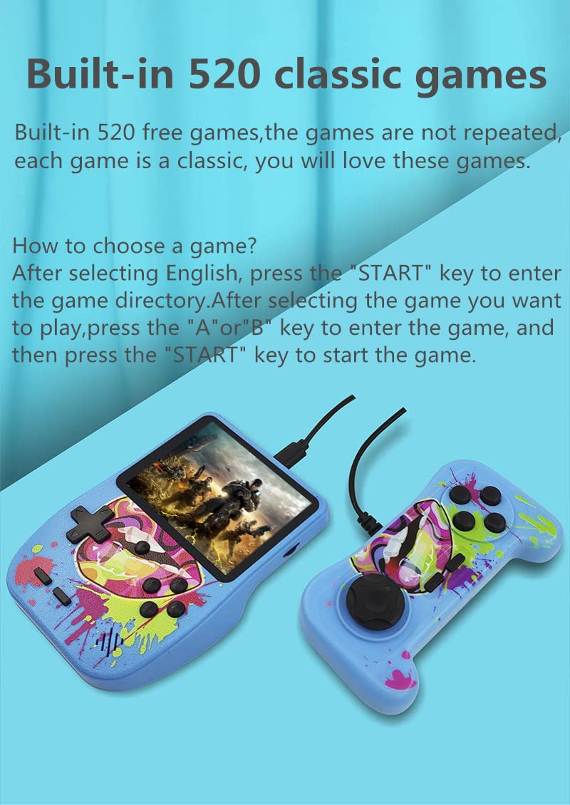HLF 3.8 inch Retro Video Game Console Dual Handle 520 in 1 Game Portable Handheld Game Device Desktop Stand AV-Out TV Output Rechargeable Lithium Battery Gift for Children (Blue)