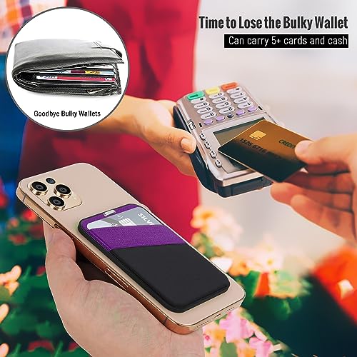 Upgraded 2 in 1 MagSafe Wallet for Apple iPhone 14/13/12 Series, Fits 5+ Cards and Cash, Magnetic Card Wallet Holder with Phone Grip, Stretchy iPhone Mag Safe Wallet for Maximum Flexibility Purple