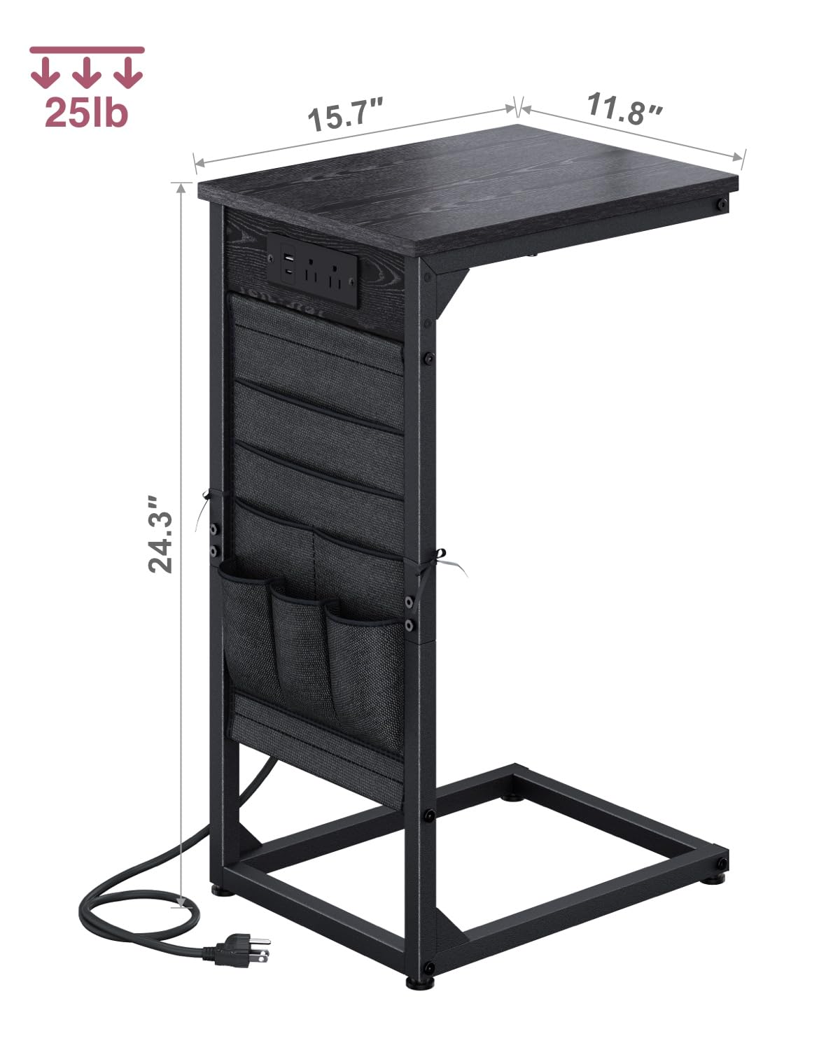 NEFROM Side Table, C-Shaped End Table with Charging Station, Small Couch Table with Storage Bag, Sofa Table for Bedroom, Living Room, Bedside ET-BK-1