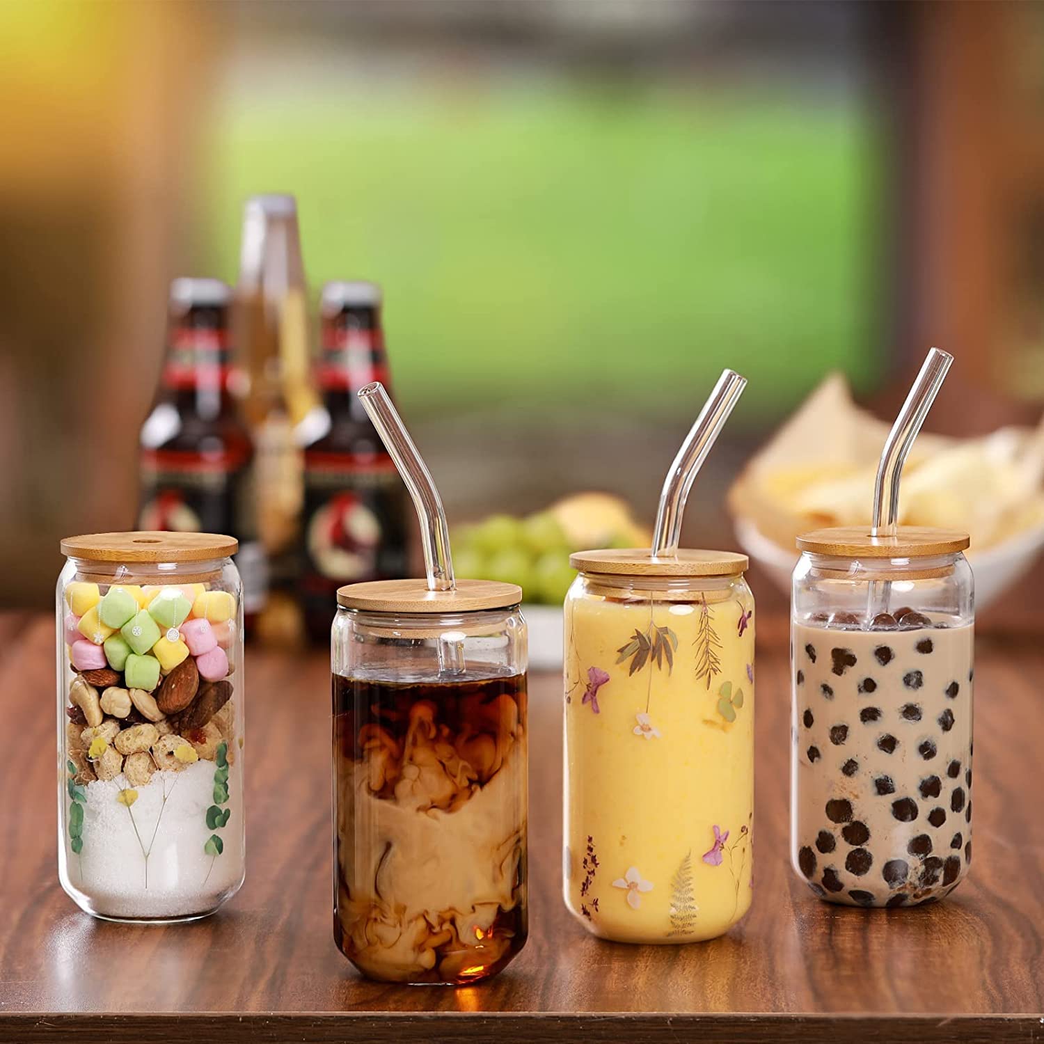 Hemoton 2Pcs Mason Jar with Lid and Straw, 12oz Wide Mouth Mason Jar Drinking Glasses Cups, Reusable Iced Coffee Cup, Cocktail Glasses, Transparent Silicone Sleeve Bamboo Lid, for Juices Cocktail