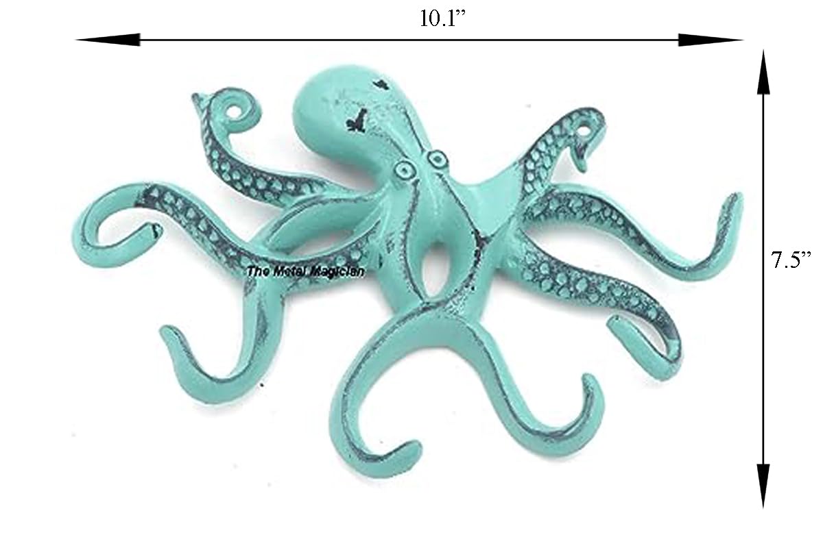 Octopus Keys Hook, Decorative Wall Mounted Nautical Wall Rack, Antique Key Holder Hook, Cast Aluminum Hanger for Coat, Hand Towel, Bathrobe, Jacket, Swimming, Kitchen & Balcony (Distressed Green)