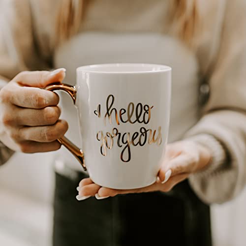 Sweet Water Decor Cute Coffee Mugs with Golden Handle | Girly Make Up & Mascara 16oz China Coffee Cup with Quote | Embellished with Real Gold & Microwave Safe (Hello Gorgeous)