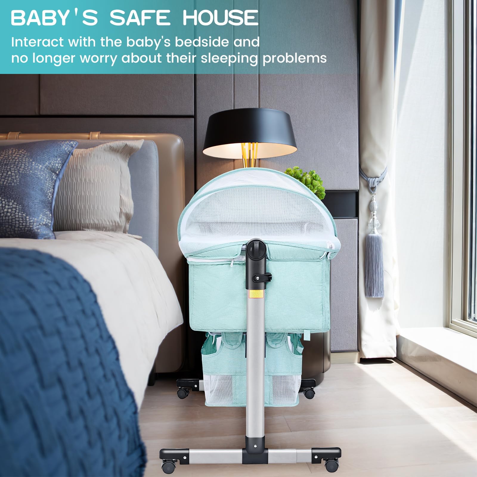Eliantte Baby Bassinet Bedside Sleeper with Mosquito Net, Adjustable Bedside Crib with Storage, Converts to Cradle and Cosleeper, Portable, Easy Folding, Pink
