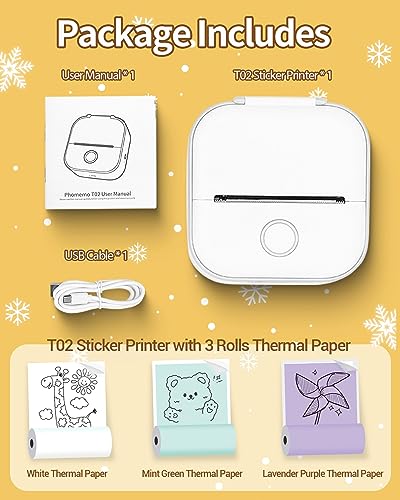 Memoqueen Mini Sticker Printer with 3 Rolls Paper T02 Mini Portable Thermal Printer,Sticker Maker Machine for Study, Brithday Gift, Journal, Work, Children DIY, Compatible with Phone & Tablet, White