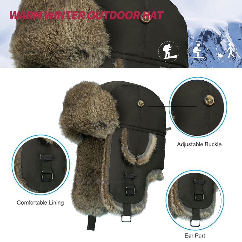 Fur Winter Trapper Hat,100% Rabbit Fur Aviator Ski Trapper Trooper Pilot Hat,Snow Eskimo Hat with Ear Flaps for Men & Women