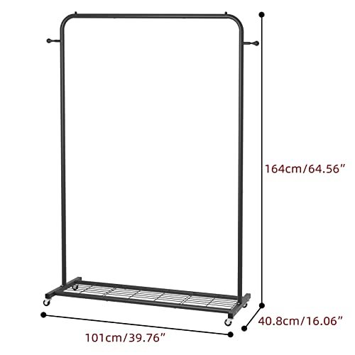 Sywhitta Clothes Rack on wheels, Clothing Rack with Bottom Mesh Storage Shelf,Sturdy Metal Frame,Rolling Garment Rack for Hanging Clothes,Coats,Skirts,39.76" L x 16" W x 64.56" H,Black