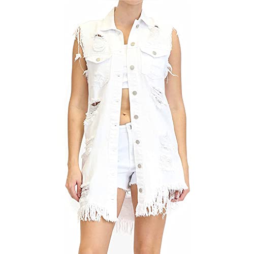 Songling Women's Distressed Ripped Sleeveless Mid Long Denim Jacket Jean Vest Cardigan Coats(White,XXL)