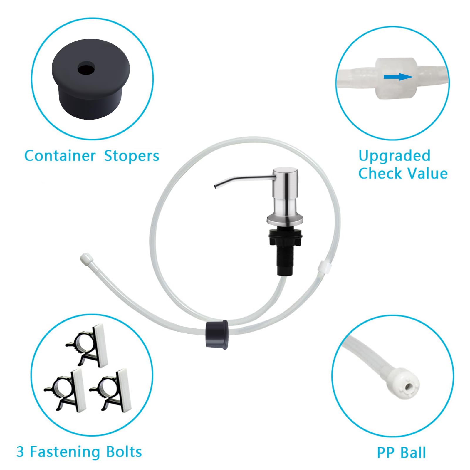 Kitchen Sink Soap Dispenser, Brushed Nickel Countertop Soap Dispenser Pump, 47" Silicone Extension Tube Connect to The Soap Bottle Directly, Say Goodbye to Frequent Refills