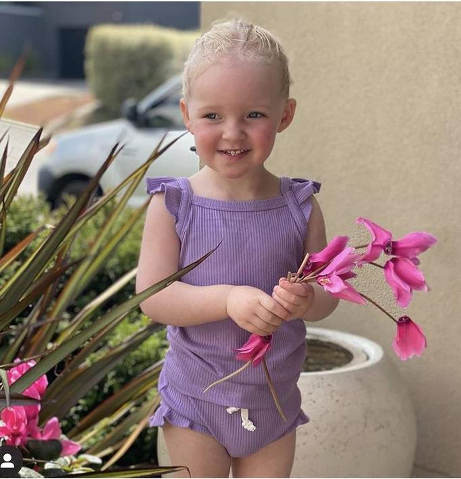 Toddler Baby Girl Summer Short Clothes Ribbed Ruffle Sleeve Tops+Elastic Drawstring Short Pants Two Piece Solid Outfit Set (A-Purple, 12-18 Months)