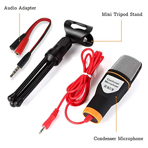 IUKUS PC Microphone with Mic Stand, Professional 3.5mm Jack Recording Condenser Microphone Compatible with PC, Laptop, IP@d, iPh0ne, Mac-Recorder Singing YouTube Skype Gaming (3.5mm PC Microphone)