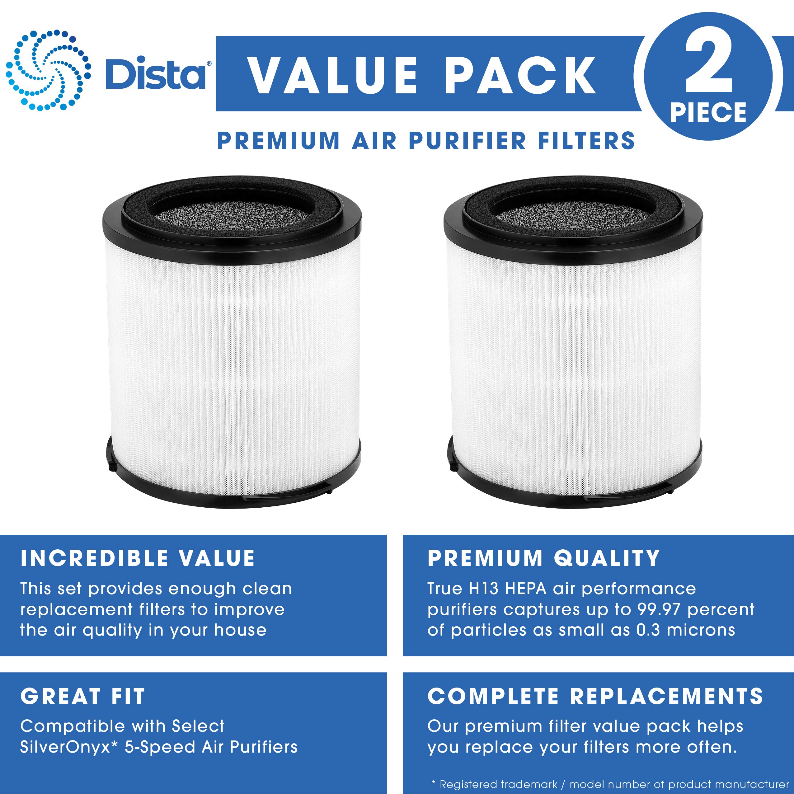 Dista Filter - Premium H13 True HEPA Replacement Filter, Compatible with SilverOnyx 5-Speed Air Purifier KJ150F-C02, 4-in-1 H13 Grade True HEPA filter, For Large Room 500 sq ft 2-Pack