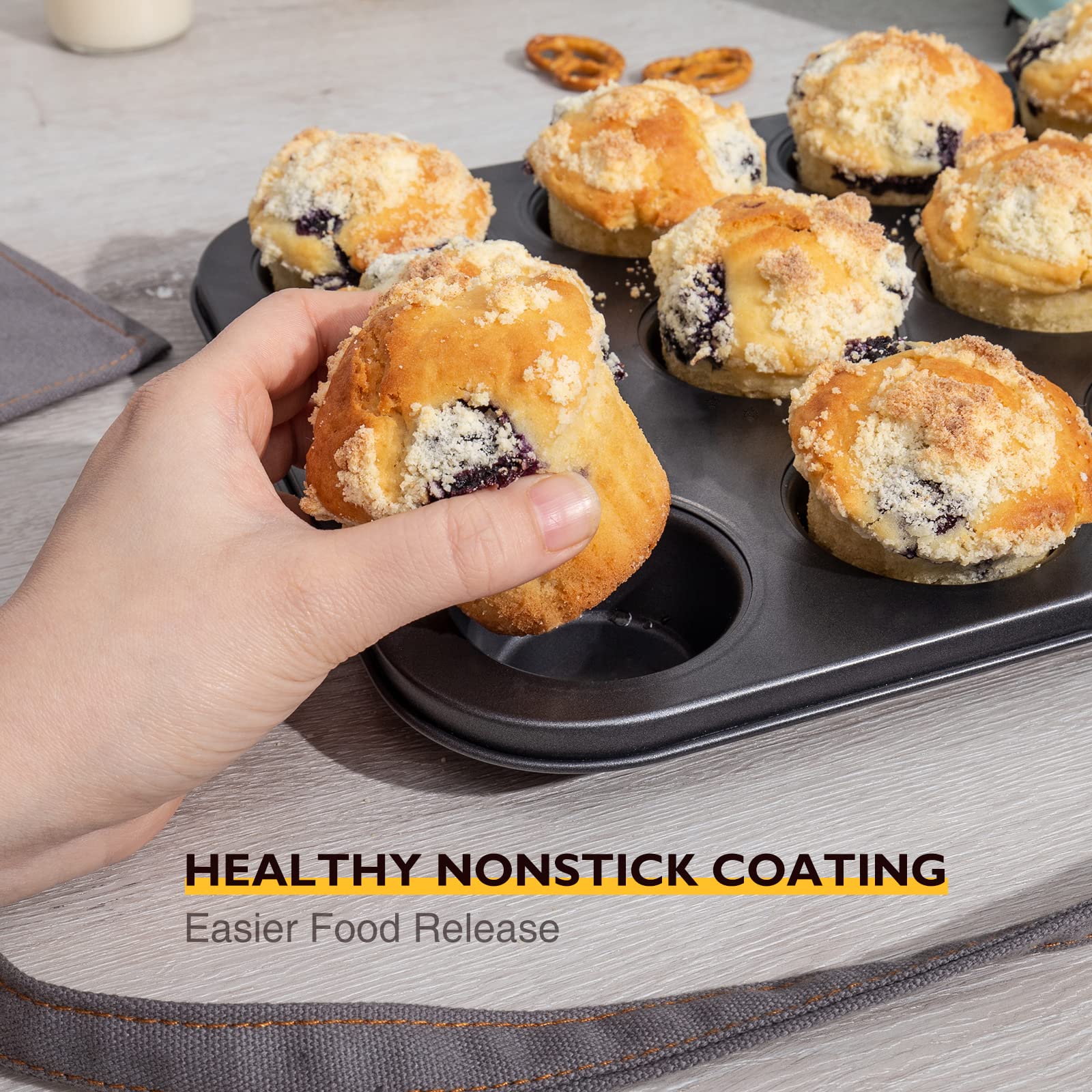 HONGBAKE 2 Pack 12-Cup Muffin Pan for Baking and 1 Pack 8 Cavity Mini Loaf Baking Pan for Oven
