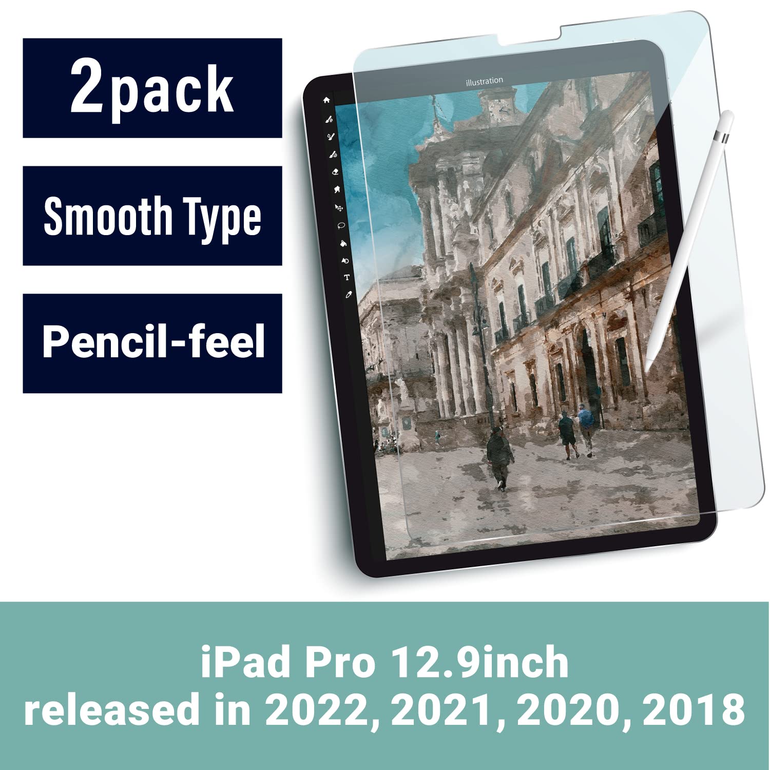 ELECOM Pencil Feel Screen Protector -2Packs- Easy-Install, Smooth type, iPad Pro 12.9inch, (Released in 2022,2021,2020,2018) Drawing/Notetaking/Anti-glare, Apple Pencil Compatible (TB-APS129X-W)