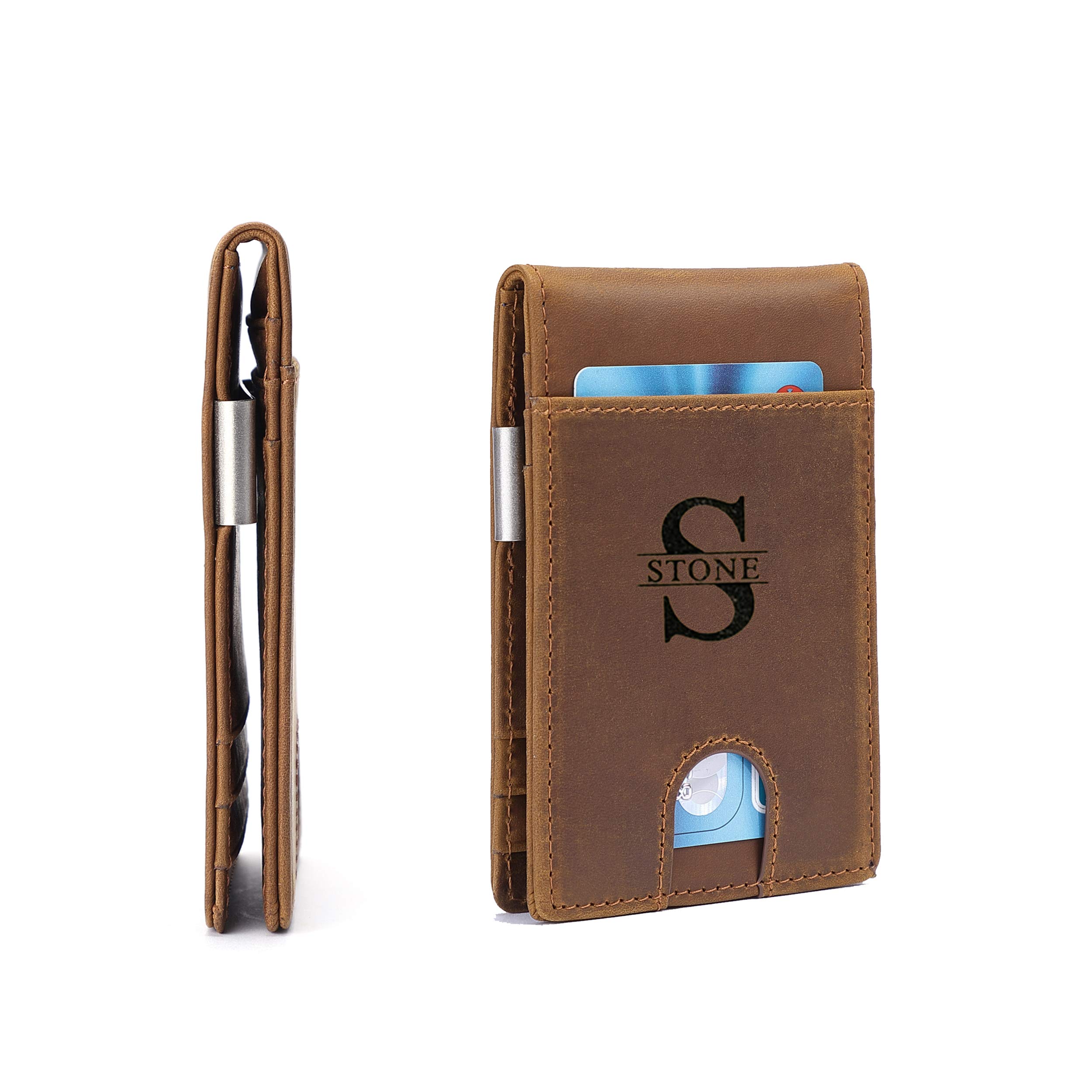 FeiYen Personalized Custom Engraved Minimalist Slim Metal Money Clip Wallet for Husband Dad Son Boyfriend Him - RFID Blocking Mens Leather Front Pocket Bifold Wallets with Mini Credit Card Holder