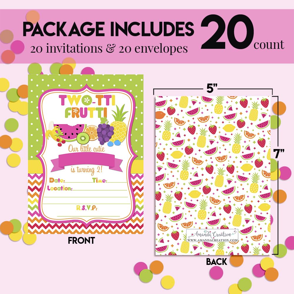 Tutti-Frutti Sweet and Juicy 2nd Birthday Party Invitations, 20 5x7 Fill In Cards with Twenty White Envelopes by AmandaCreation