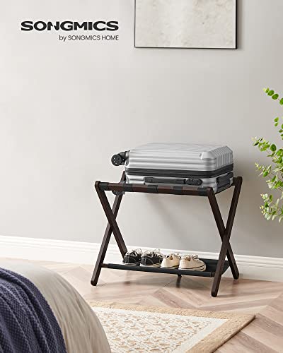 SONGMICS Luggage Rack, Folding Suitcase Stand with Storage Shelf, for Guest Room, Hotel, Bedroom, Heavy-Duty, Holds up to 131 lb, Chestnut Brown URLR007R01