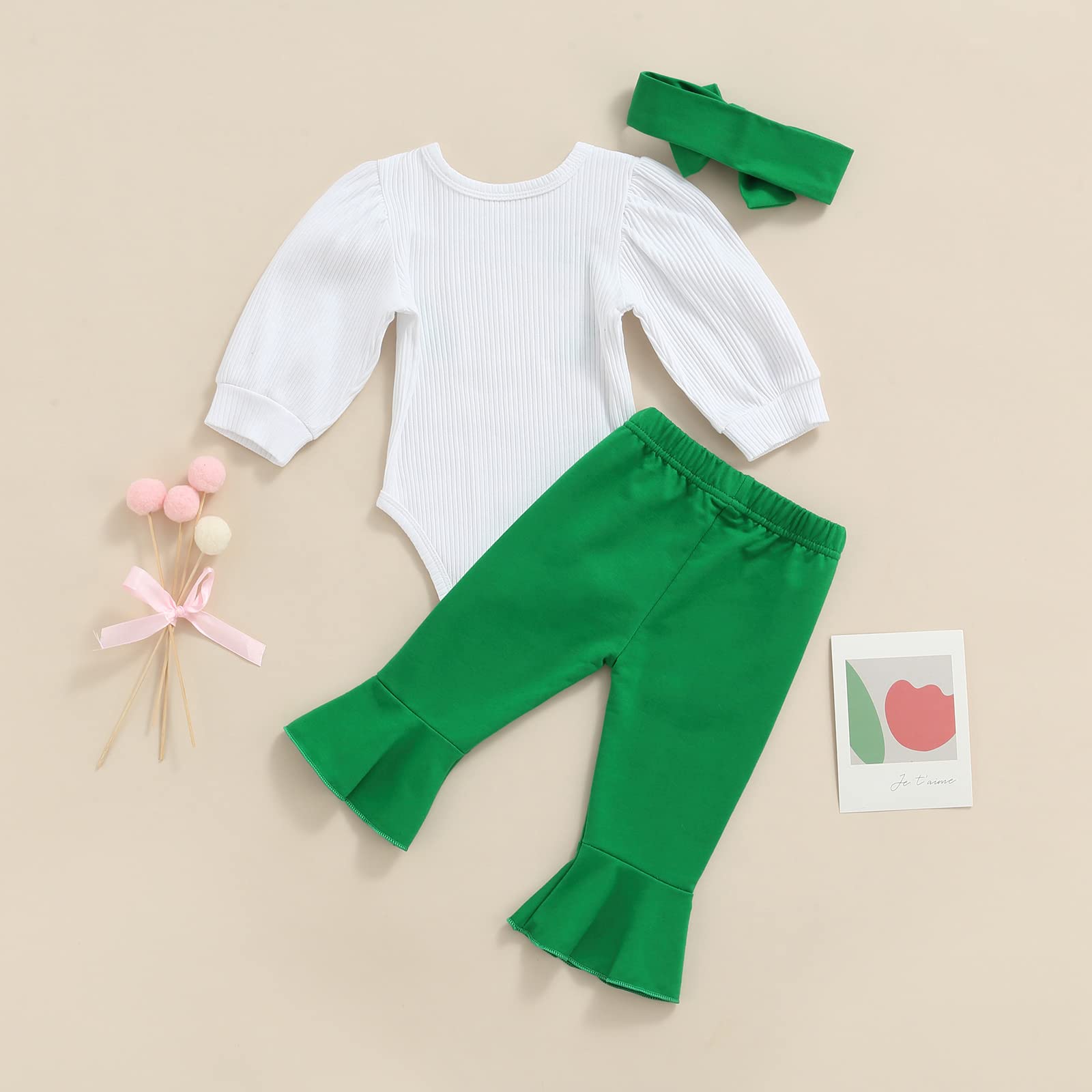 Toddler Baby Girl St. Patrick's Day Outfits Letter Print Romper Long Sleeve Jumpsuit Clover Flared Pants Headband (1#Green, 12-18 Months)