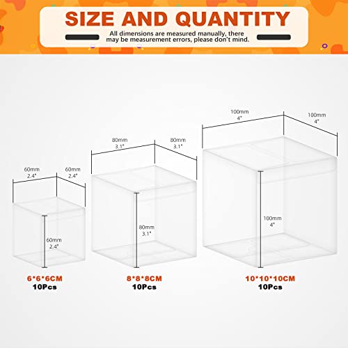 Tanstic 30Pcs Plastic Clear Favor Boxes for Gifts, 3 Sizes Clear Gift Boxes Transparent Cube Boxes Candy Gift Box Plastic Gift Boxes for Dessert Candy (2.3x2.3x2.3 inch, 3.1x3.1x3.1 inch, 4x4x4 inch)