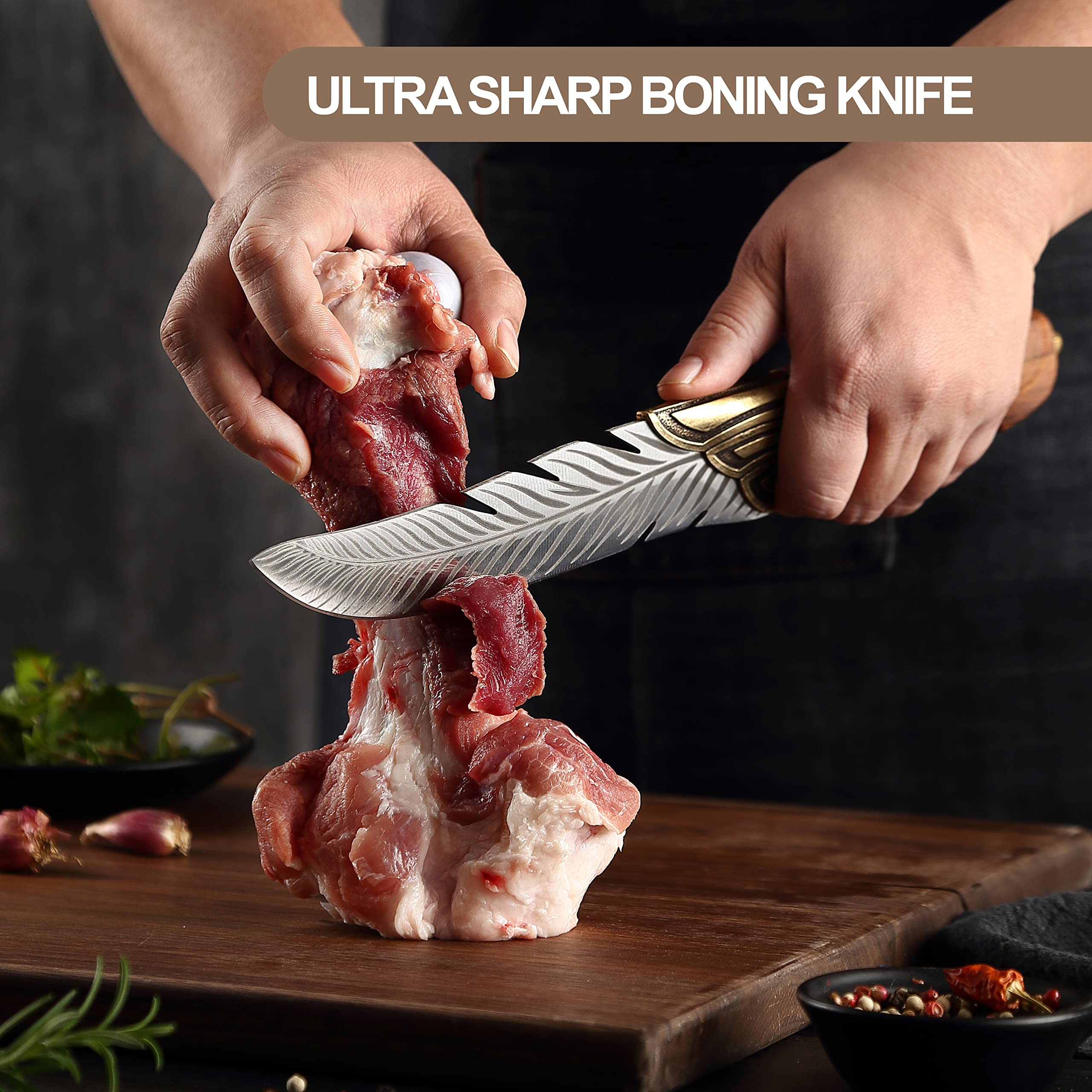 Hand Forged Kitchen Knife with Ultra-Sharp German Steel Blade - 5.51-inch Blade Fillet Knife with Wooden Handle β Premium Skinning Knife for Outdoors, BBQ, Camping