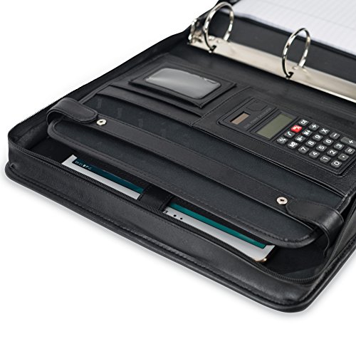 Samsill Professional Padfolio/Portfolio with Zippered Closure Case, 2 Inch Removable Round Ring Binder, Retractable Handles, Interior 10.1” Tablet Sleeve, Black