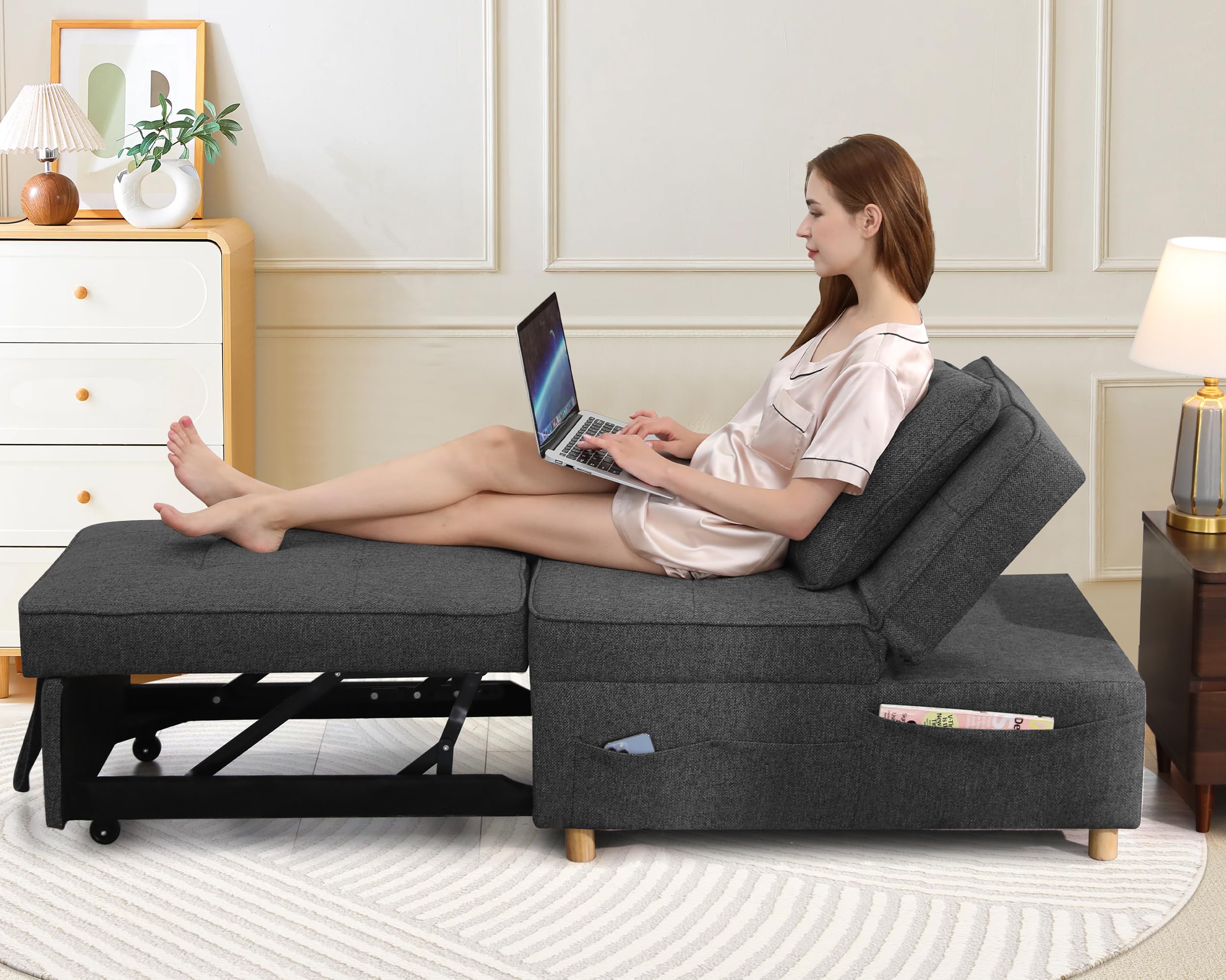 SEJOV Sleeper Sofa Chair Bed,4-in-1 Convertible Sofa Bed Chair with 6 Adjustable Backrest and Pillow, 3-Seat Pull Out Sleeper Chair Linen No Backrest for Bedroom Small Space Living Room, Grey Black