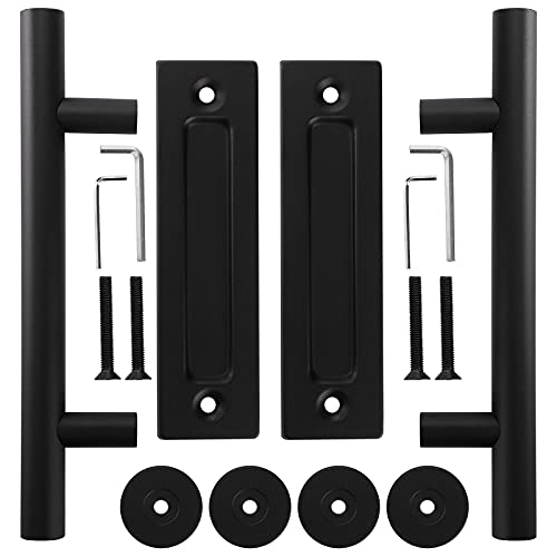 Peohud 2 Pack Sliding Barn Door Handle, Carbon Steel Pull and Flush Hardware Set, 12 Inch Heavy Duty Rustic Two-Side Design Door Hardware Set for Barn, Bedroom, Gate, Cabinet
