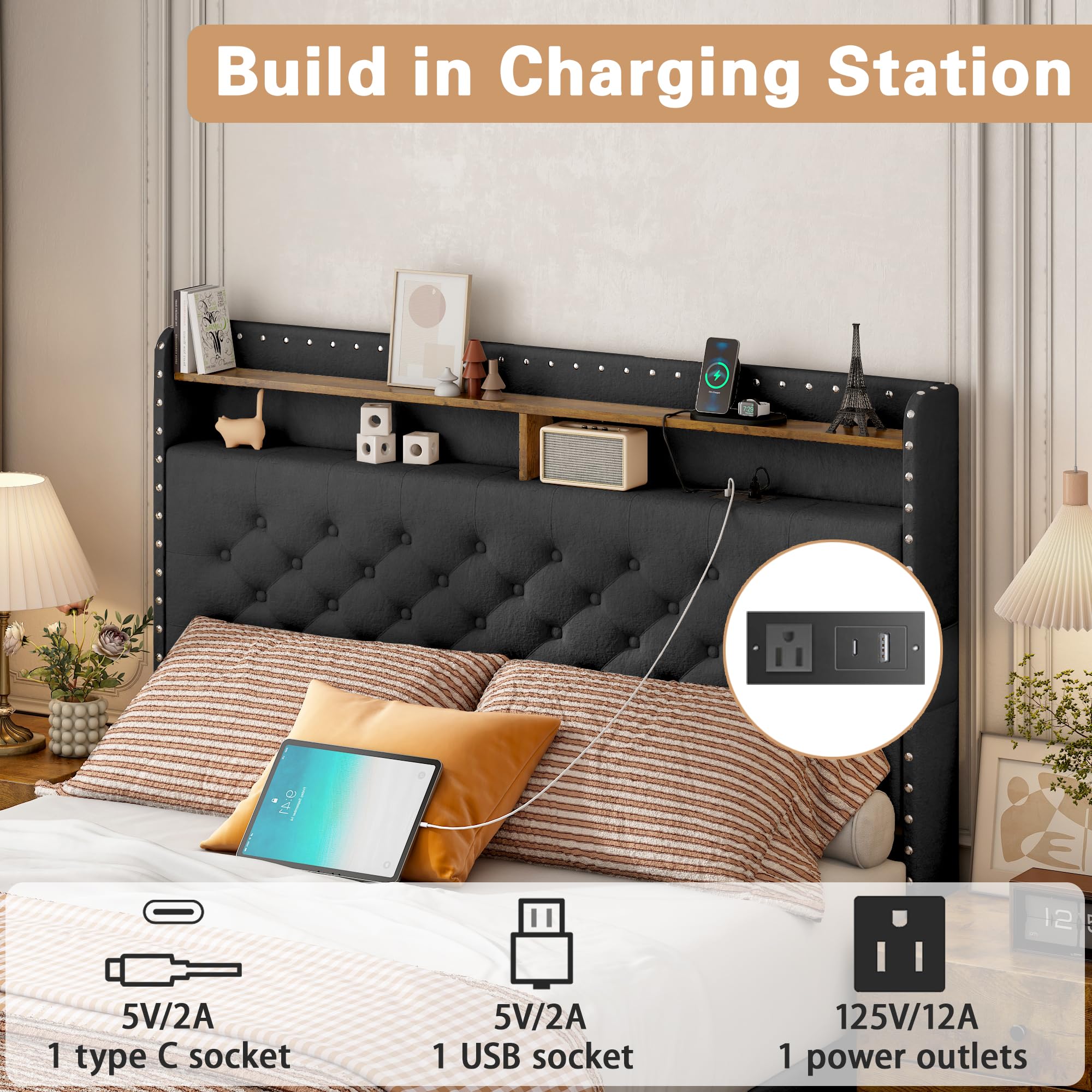 Neoriver Queen Size Bed Frame with 3 Drawers, 2-Tier Storage Headbord, Bed Frame with Storage, LED Lights and Charging Station, Upholstered Platform Bed Frame, Wood Slats Support (White, Queen)