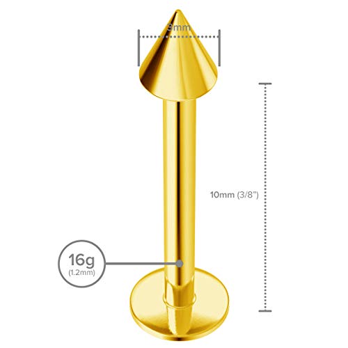 Evonix 2pc 16g Labret Studs Lip Ring Monroe Tragus Snake Spider Bites Forward Helix Cartilage Dahlia Conch Surgical Steel 3mm Spike Gold - 10mm