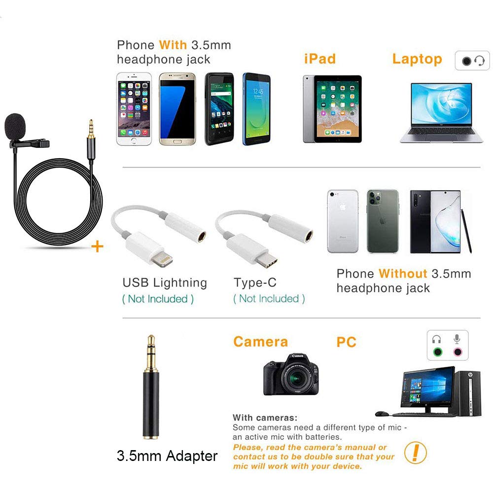 Enkarl Lavalier Lapel Microphone, Proffessional Omnidirectional Condenser Mic Compatible with iPhone Android Smartphone Video Recording Interview YouTube, Noise Cancelling Mic (Microphone Only)
