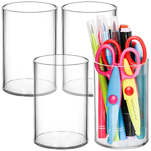Peohud 4 Pack Acrylic Pen Holders, Clear Thick Pencil Cup, Round Makeup Brush Holder, Desktop Stationery Organizer for Desk Accessories Office School Home Supplies