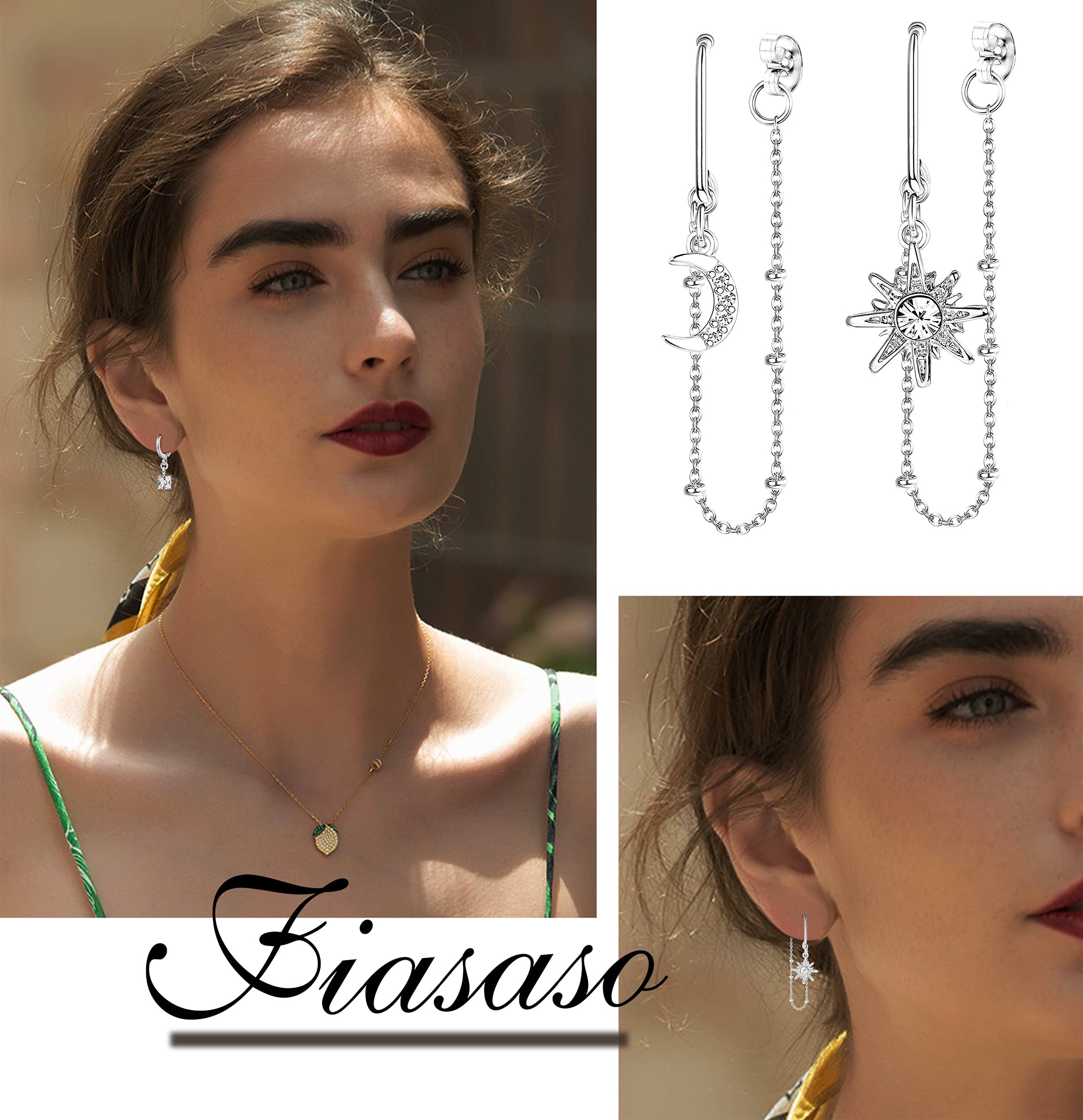 Fiasaso 14 Pcs Chain Hoop Earrings Minimalist Bar Stud Earrings with Chain Moon Star CZ Rhinestone Dangle Earrings Double Piercing Earrings Set For Women