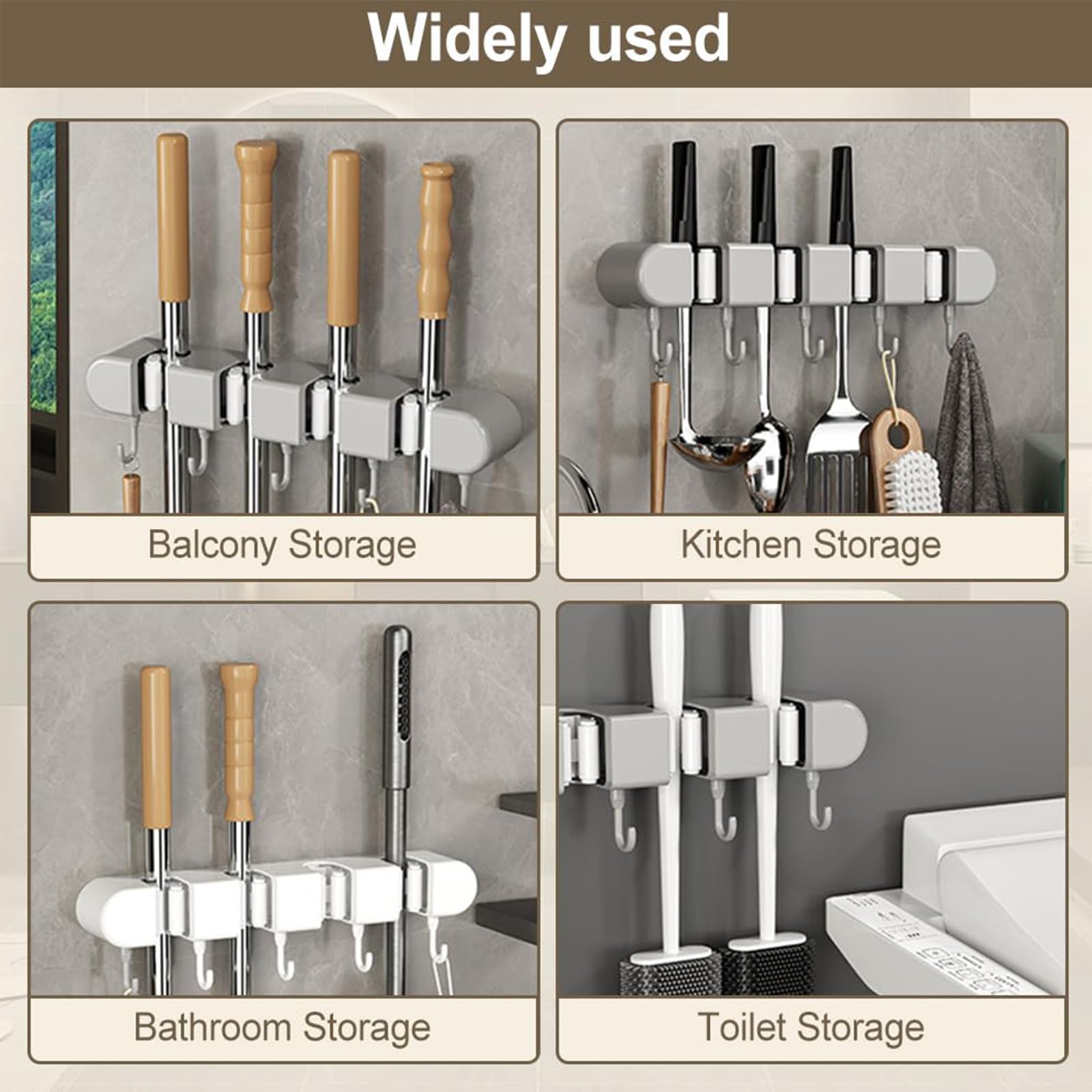 Oforest 2024 New Multifunctional Mop Holder With Hook, Punch Free Mop And Broom Holder Wall Mount Broom Rack, 4 Racks And 5 Hooks For Garage, Bathroom, Kitchen, And Garden Tool Storage (Grey*2Pcs)