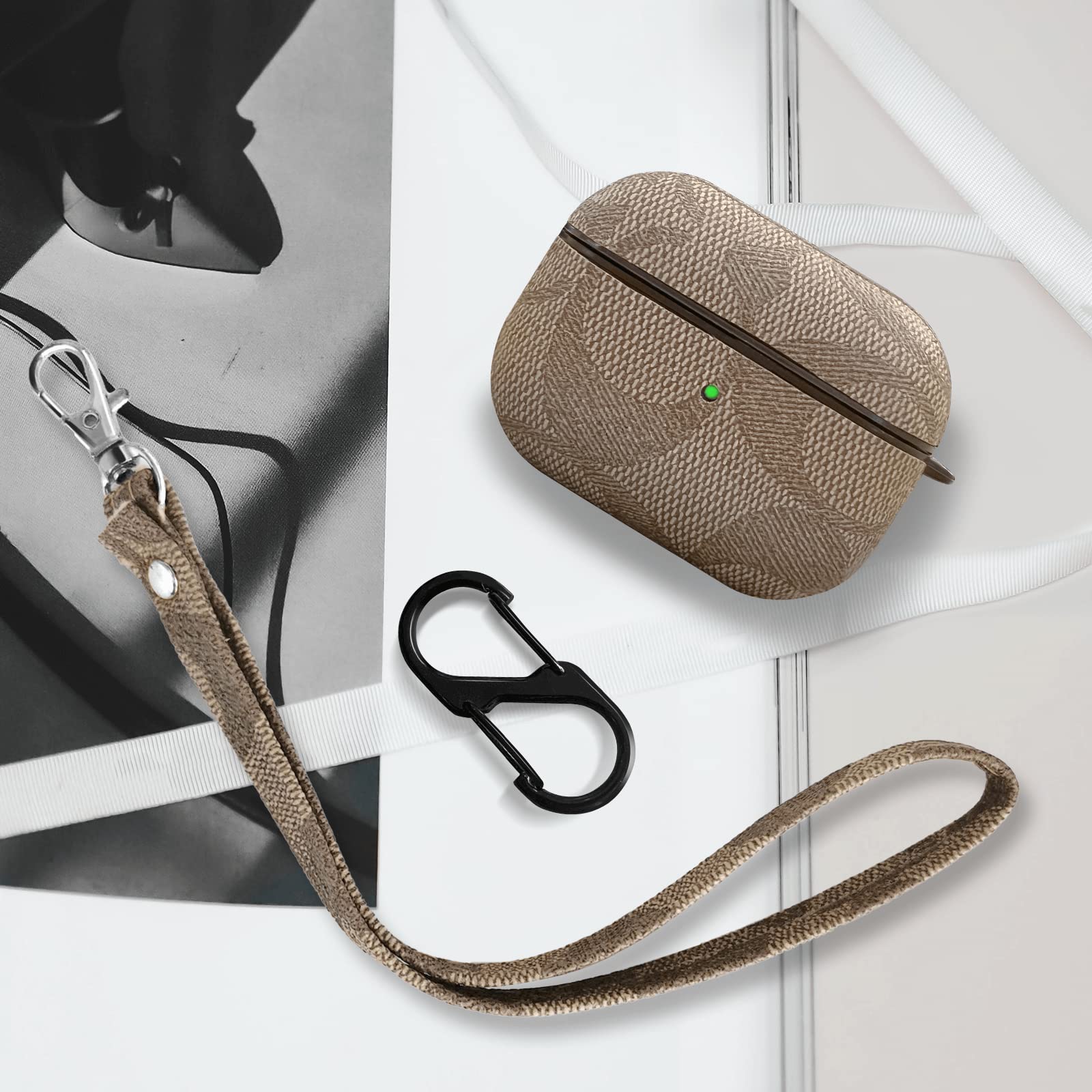 MOLOVA Case for Airpods Pro,Luxury Stylish PU Ultra Slim & Thin Soft TPU Anti-Slip Scratch Resistant Drop Proof Full Cover Case with Keychain and Lanyard,B-Brown