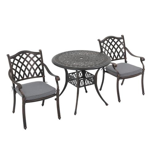 JOIVI 3 Piece Patio Furniture Dining Set, Cast Aluminum Outdoor Dining Chairs and Table Set with Umbrella Hole, Stackable Chairs, Antique Bronze Patio Bistro Set for Balcony, Lawn, Garden, Backyard