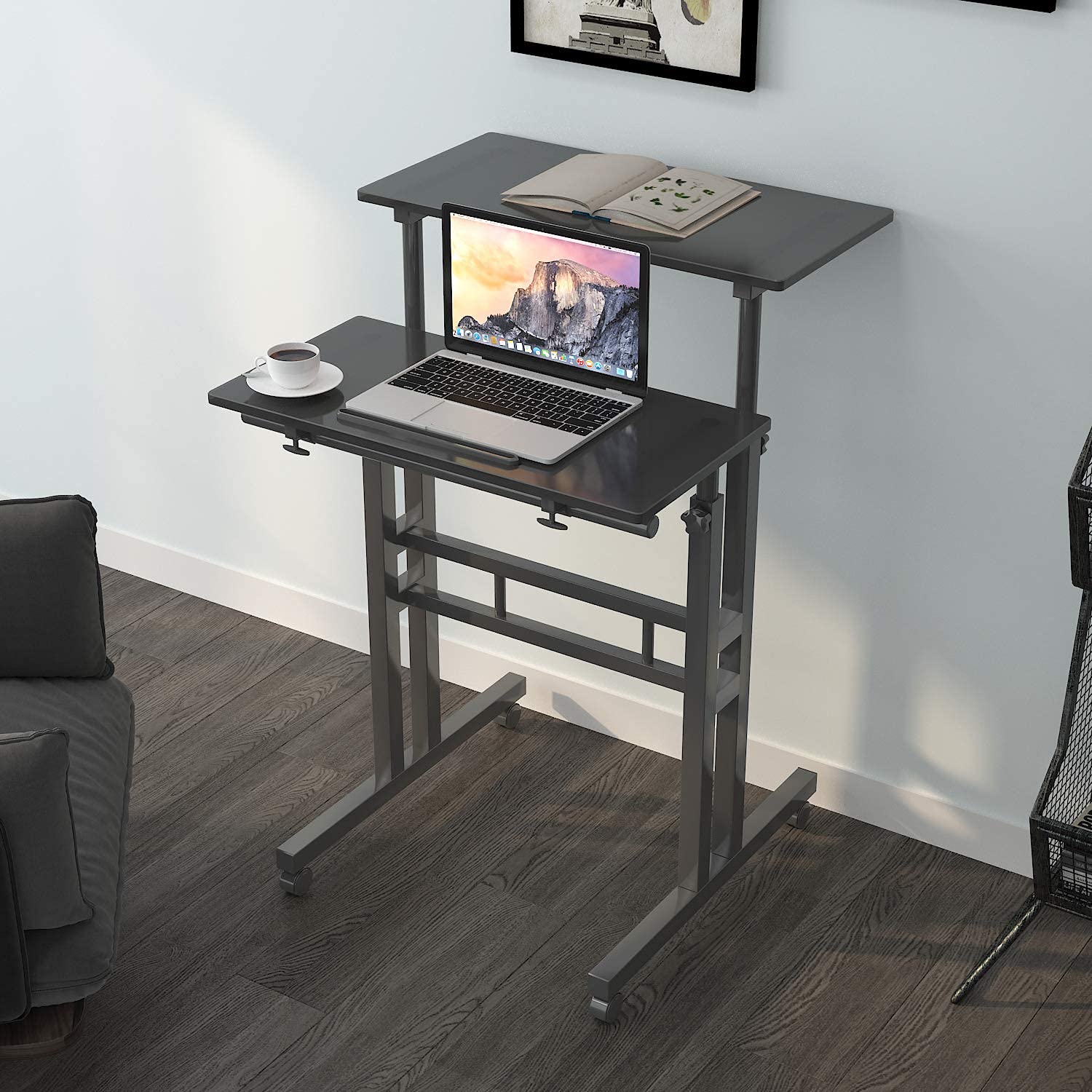 sogesfurniture Mobile Standing Desk Laptop Workstation on Wheels, Adjustable Computer Desk for Standing or Sitting, Black 101-BK