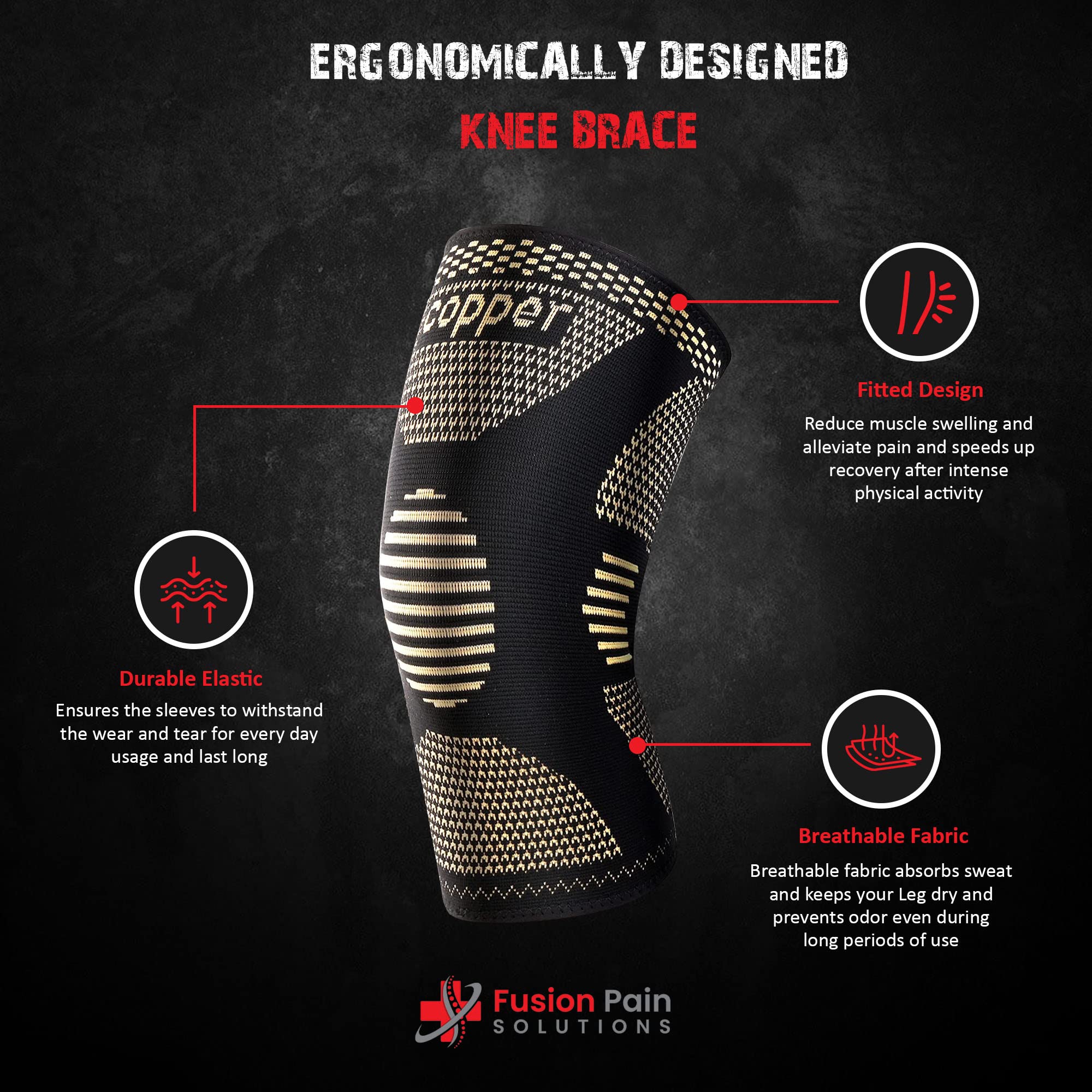 Fusion Pain Solutions Copper Knee Compression Brace For Arthritis Pain And Support, Sports, Knee Pain Relief, Swelling, Workout- Single (Medium)