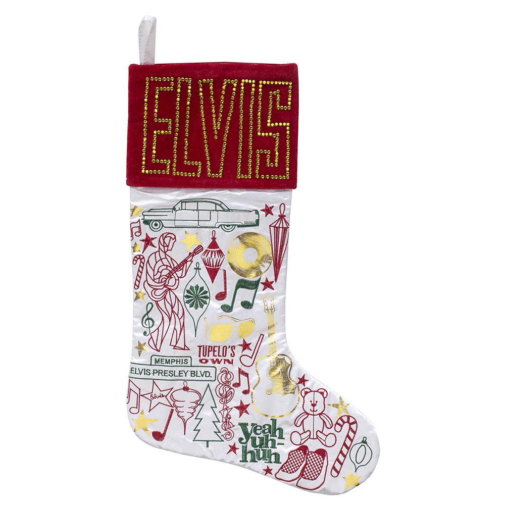 ELVIS 21 Inch Satin Christmas Stocking Decoration - Velvet Cuff With Gold Embroidered Lettering (Red)