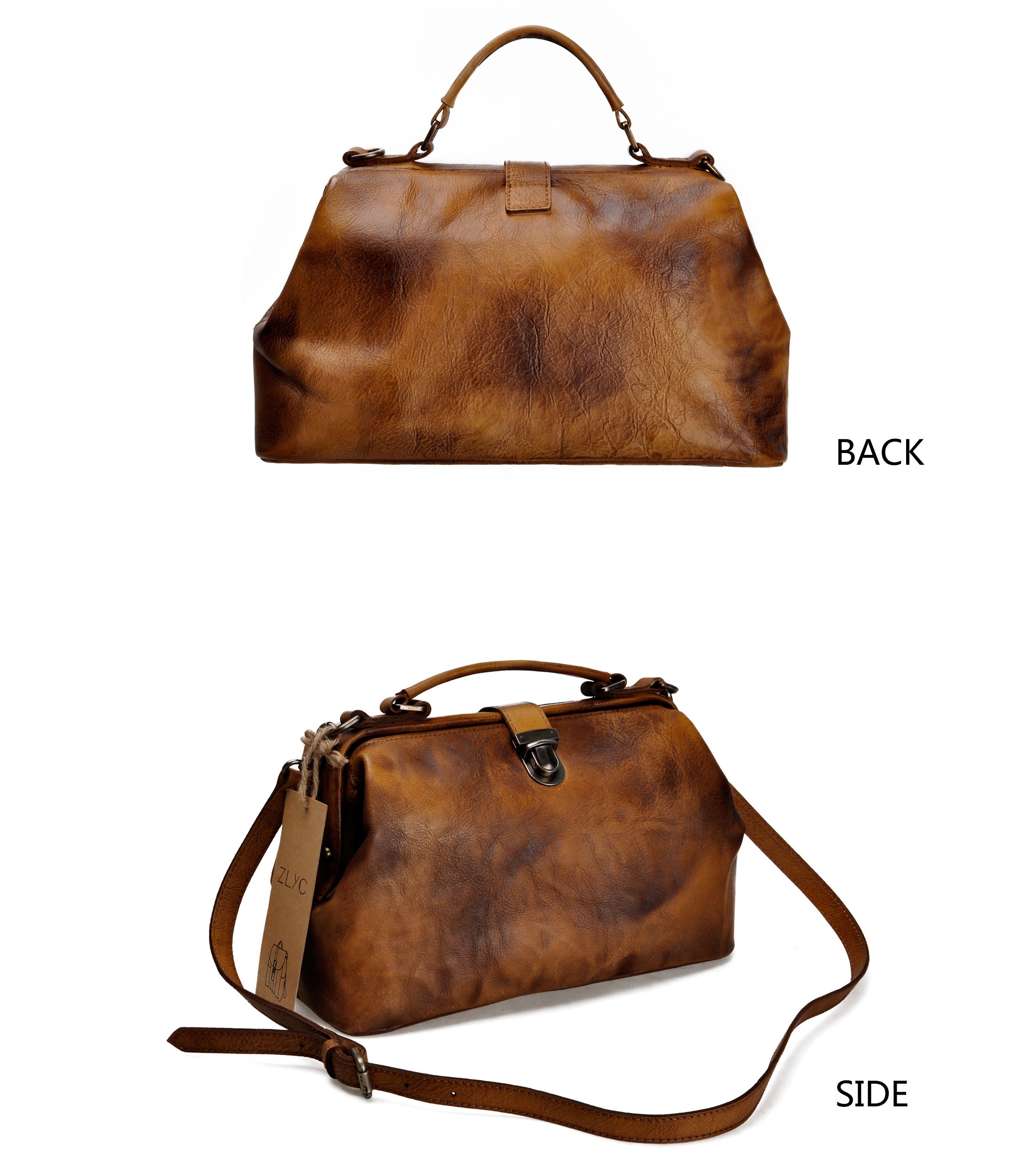 ZLYC Women Retro Vintage Genuine Leather Doctor Top Handle Cross Body Bag, Brown