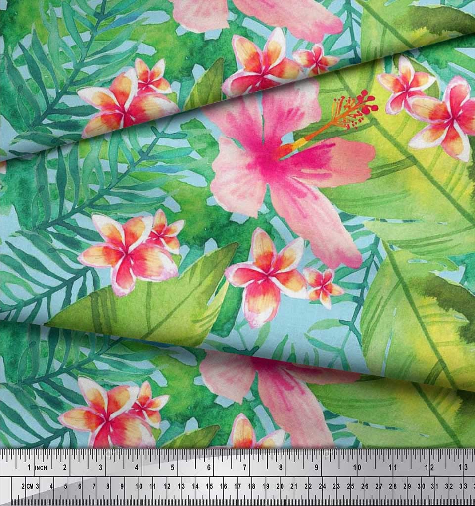 Soimoi Blue Cotton Cambric Fabric Leaves & Plumeria Flower Tropical Fabric Prints by Yard 56 Inch Wide