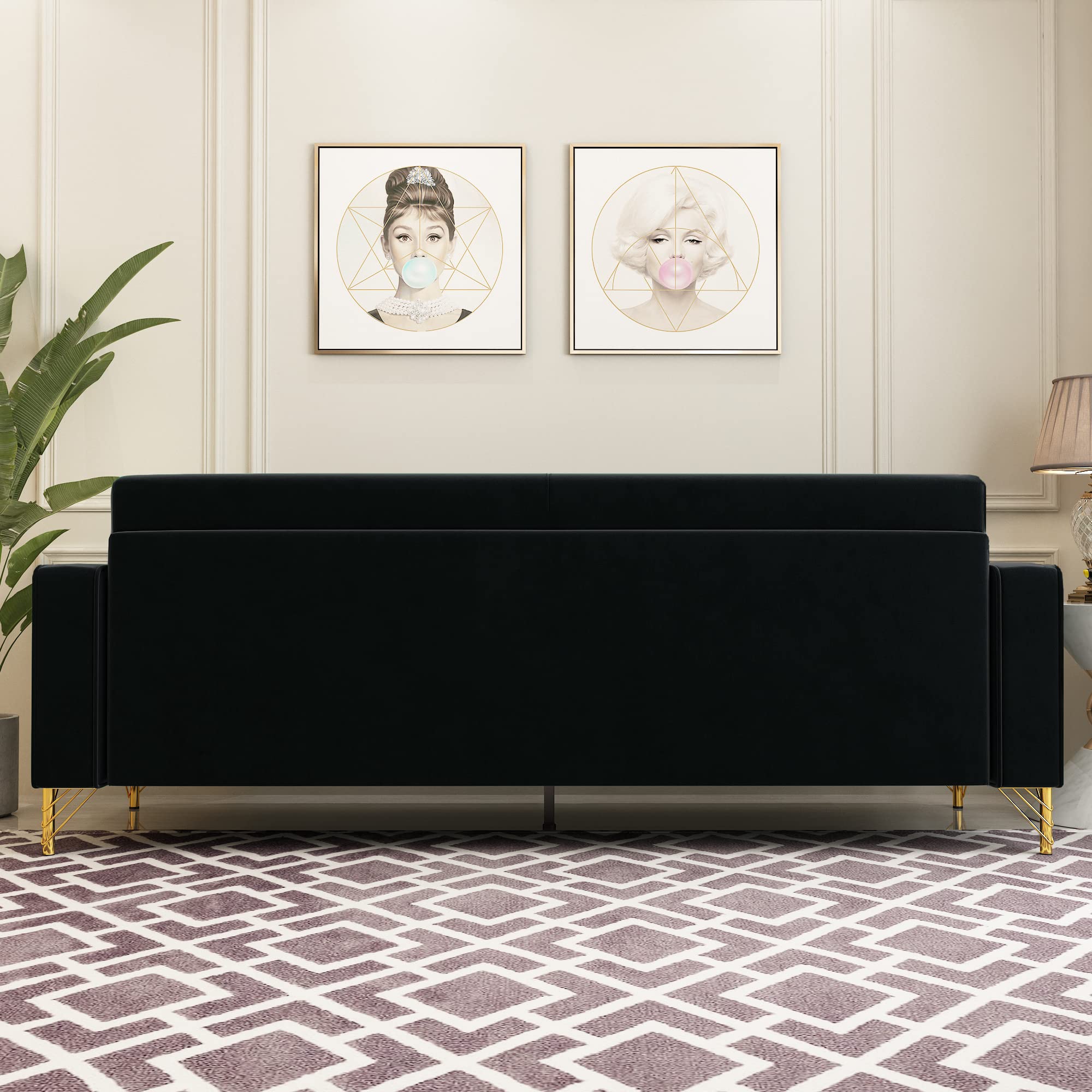 IQIAite 85" Wide Velvet Loveseat Sofa Mid Century Modern Comfy 3 Seat Couch Black Tufted Love Seat Sofas with 2 Pillows Gold Legs for Living Room Office Apartment Furniture Solid Wood Frame