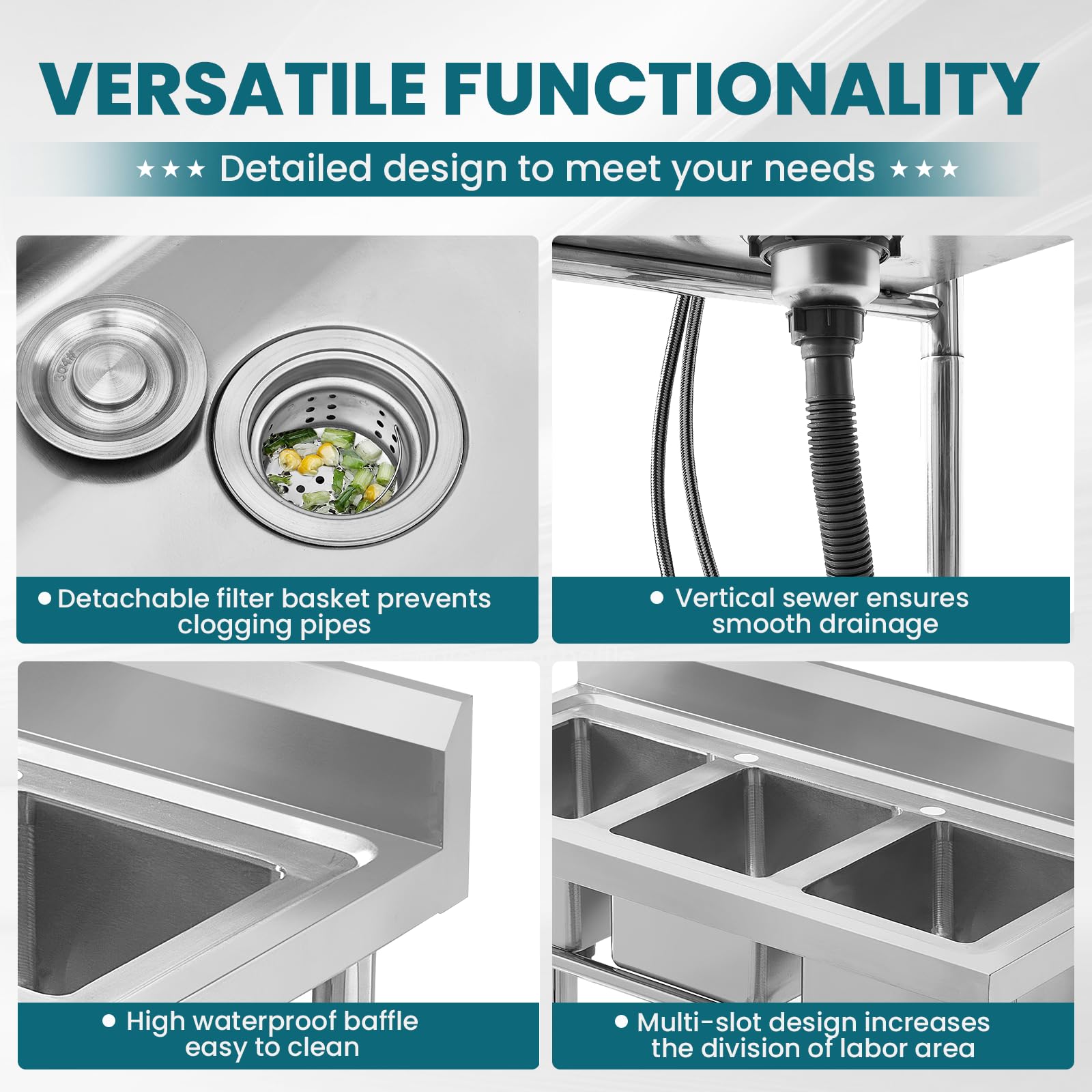 Loccdaok 3 Compartment Utility Sink Stainless Steel Commercial Kitchen Sink Free Standing Triple Bowl Laundry Room Outdoor Garage Sink for Restaurant, Kitchen, Bar, 39" x 20" Triple Bowl