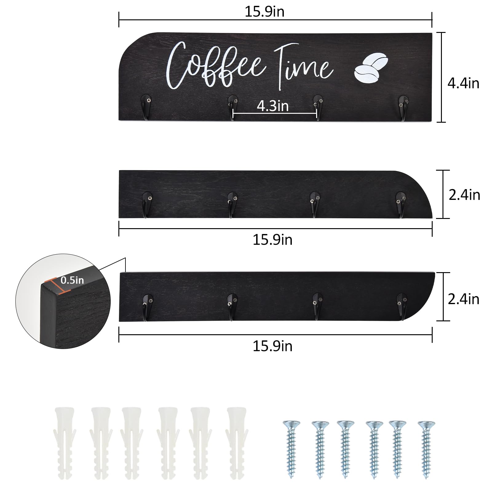 EMAISON Solid Wood Coffee Mug Holder Wall Mounted, Rustic Cup Rack with 12 Hooks Large Space for Big Cups for Kitchen, Home, Coffee Bar Station,Black